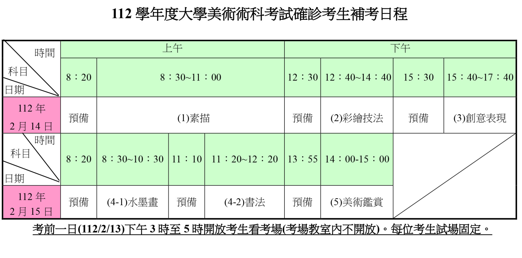 112學年度大學美術術科考試確診考生補考日程 大學術科委員會聯合會